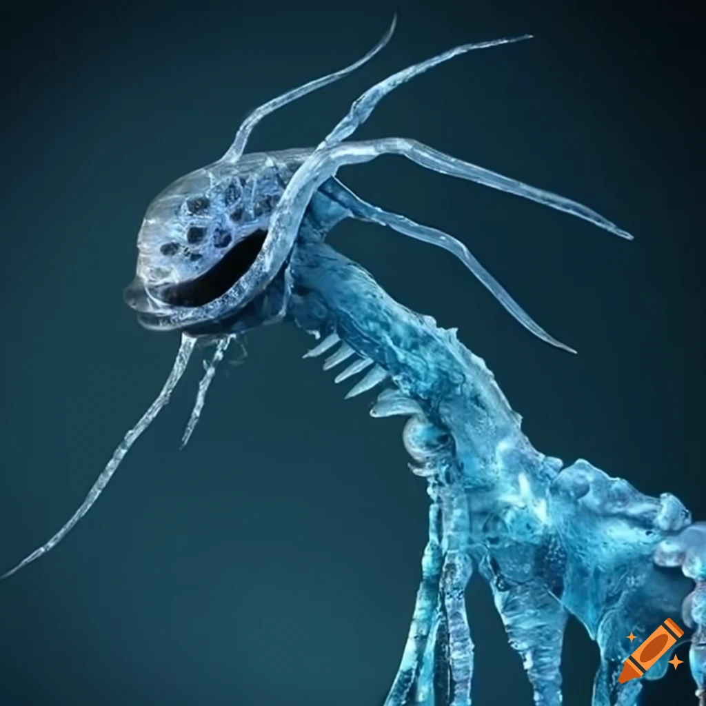A thin, lean ice insectoid monster made of thin transparent icicles on ...