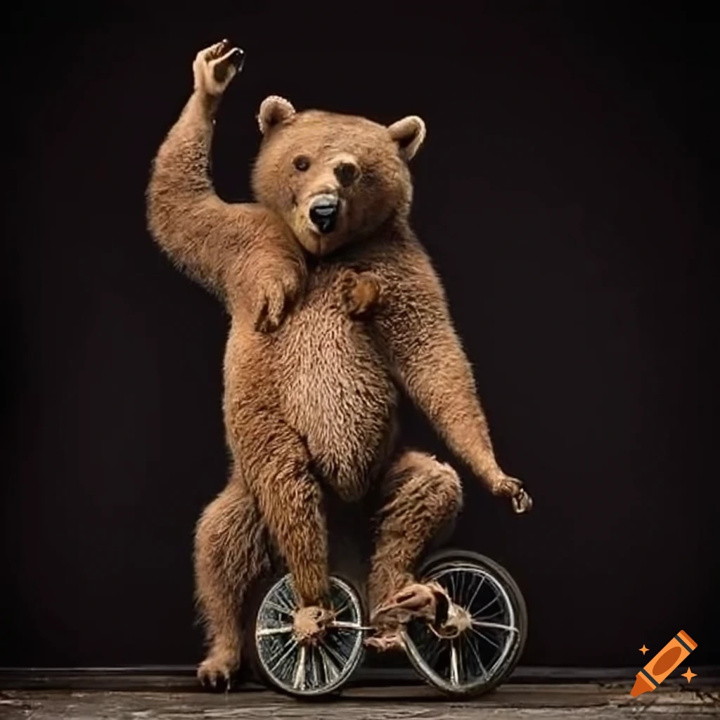 A circus bear riding a tricycle wearing a Black t-shirt and a large ...