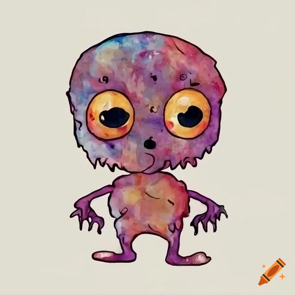 Cute viscous cartoon alien creature with a knife line drawing only no color