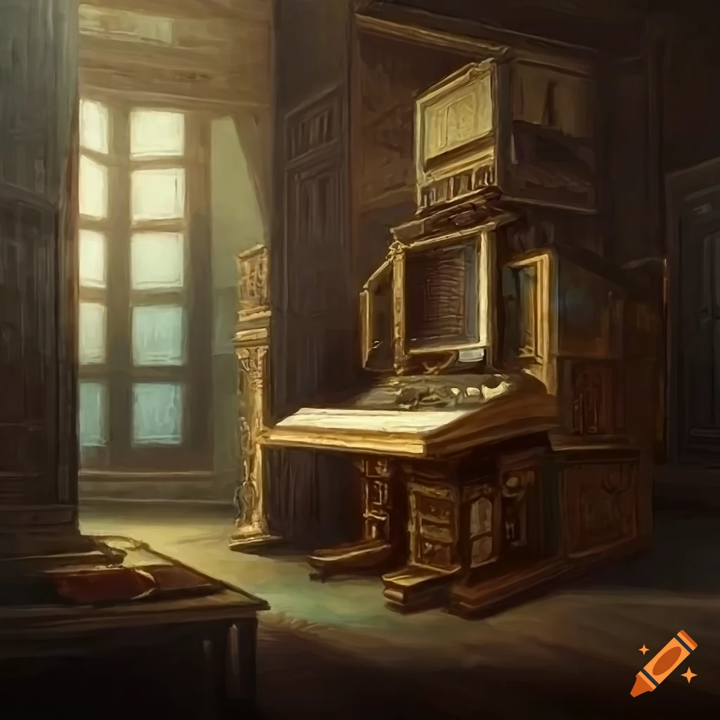 Painting of a scifi ancient civilzation victorian computer room with ...