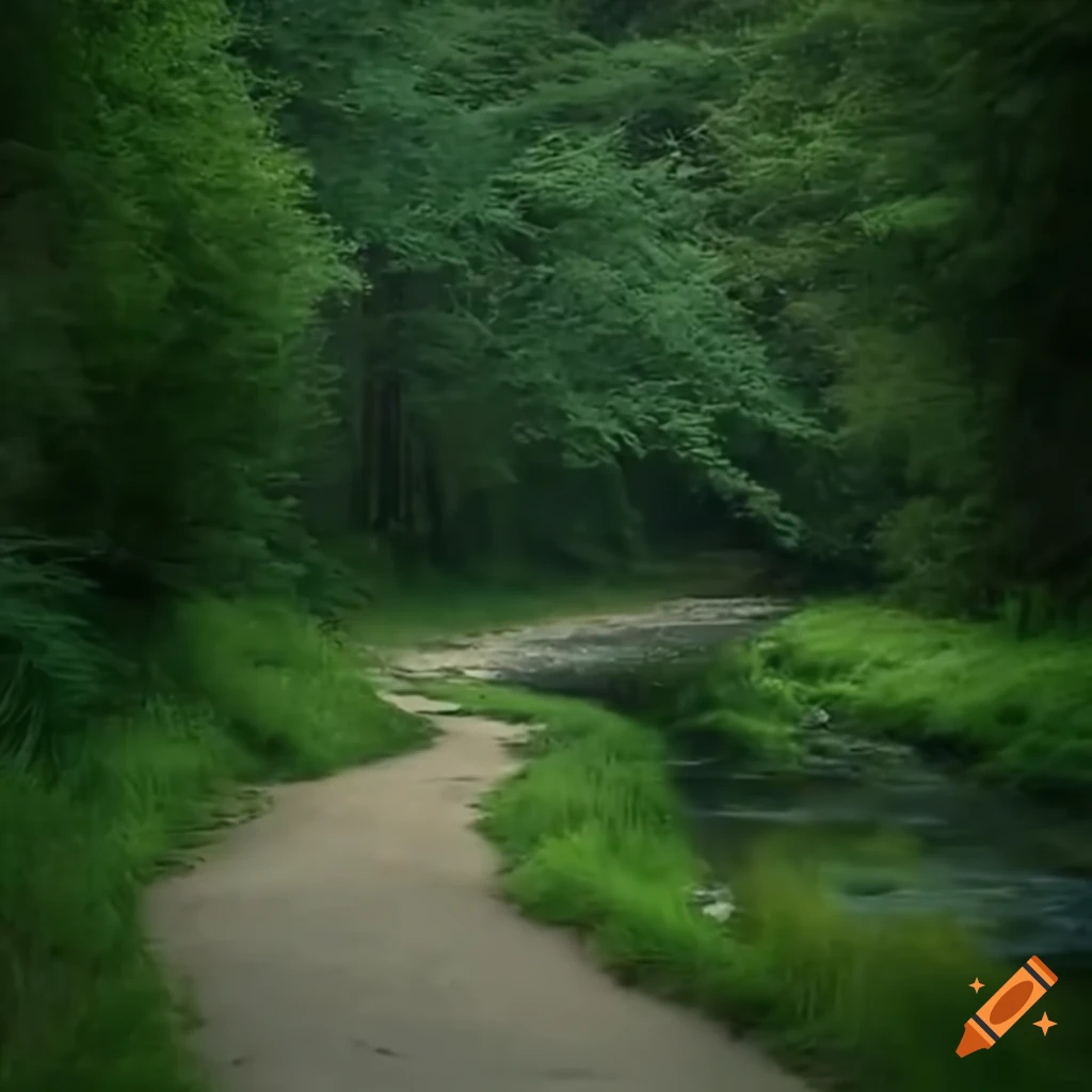 Create a landscape photo with a path next to a river on Craiyon