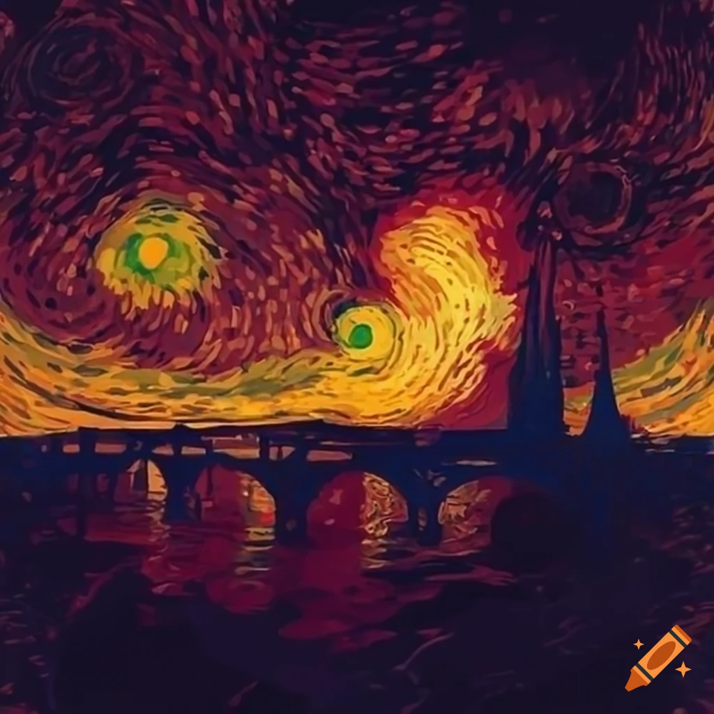 Explosion of color, bridge in silhouette over alien landscape with ...