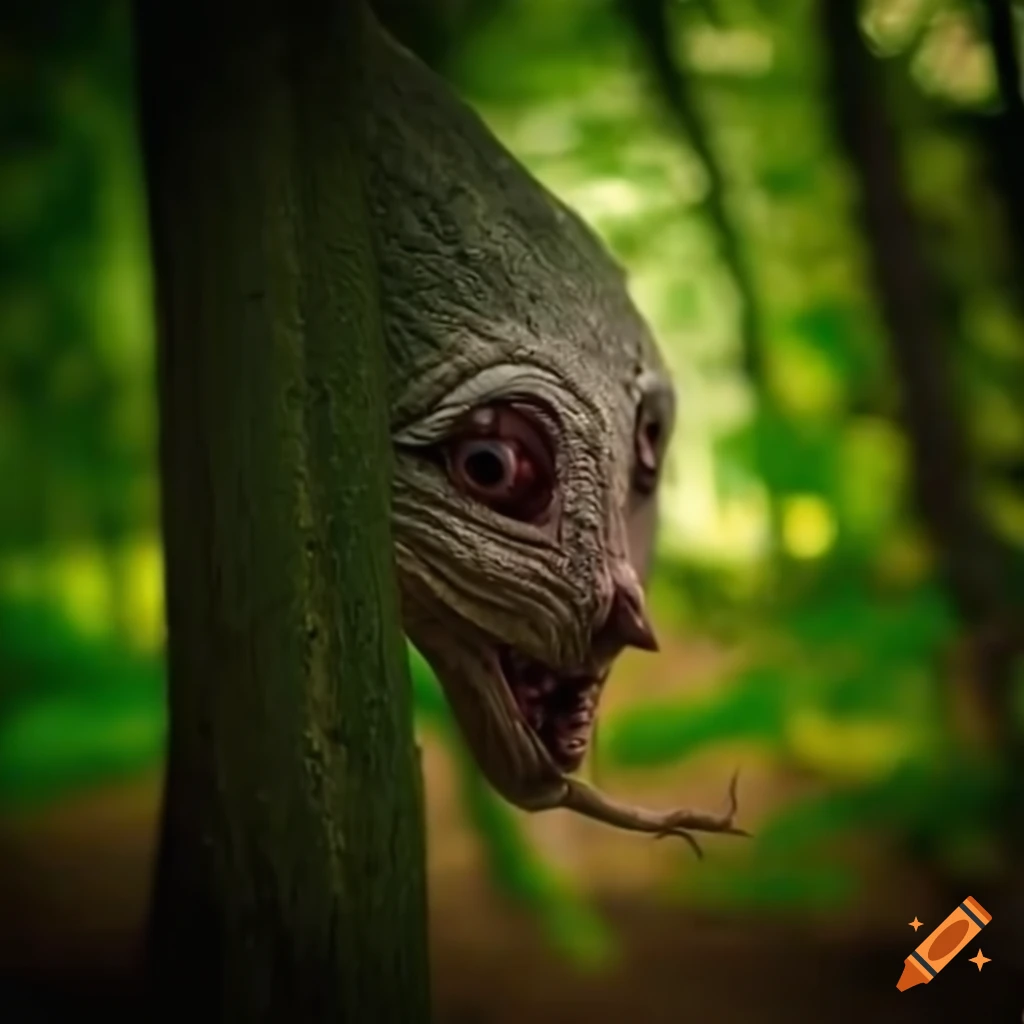 A creepy creature peeking from behind foliage in a forest on Craiyon