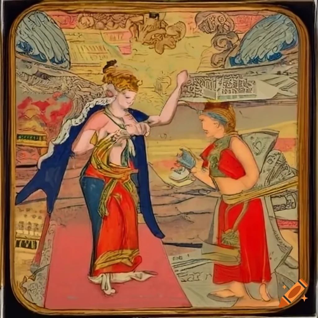 An angel giving money to a demon