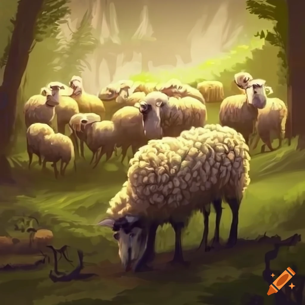 Fantasy art style, a field has a herd of sheep
