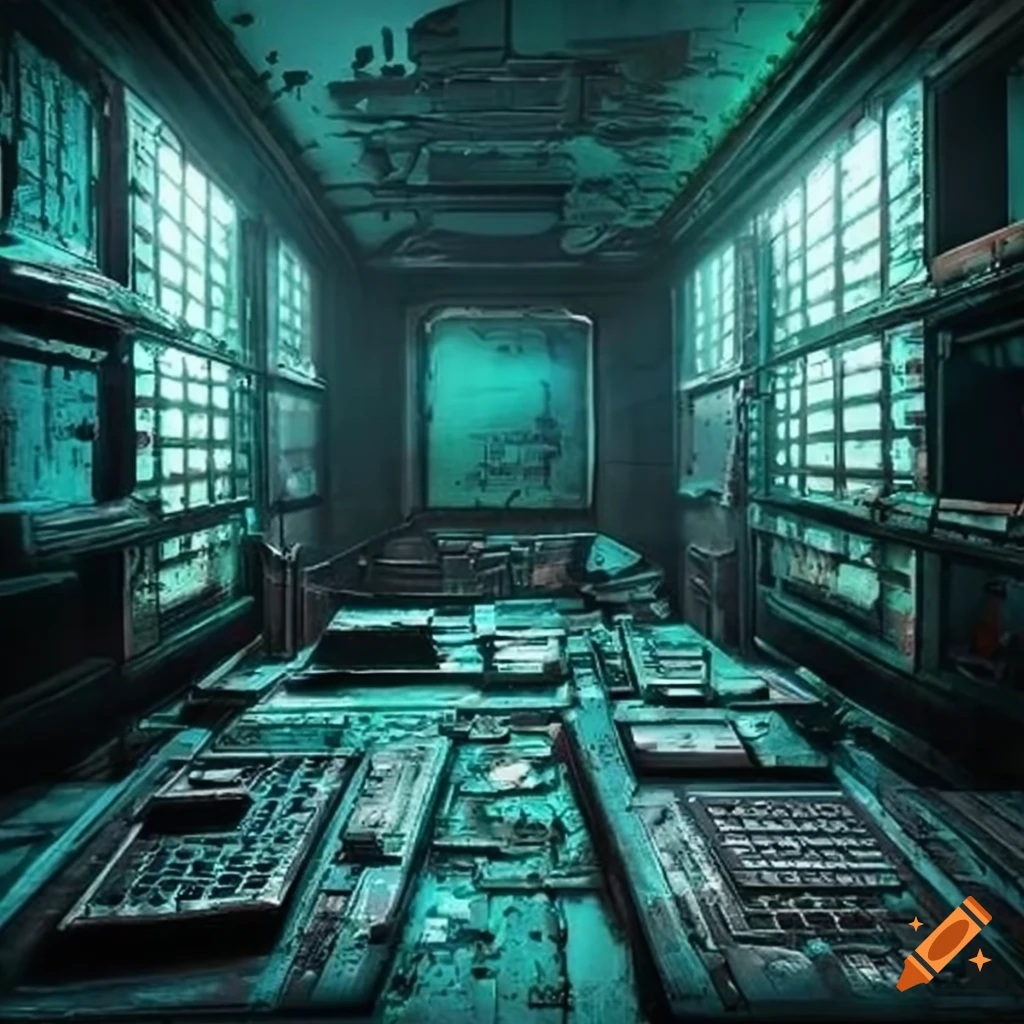 Dystopian futuristic post apocalyptic nuclear bunker interior with computer consoles and ...