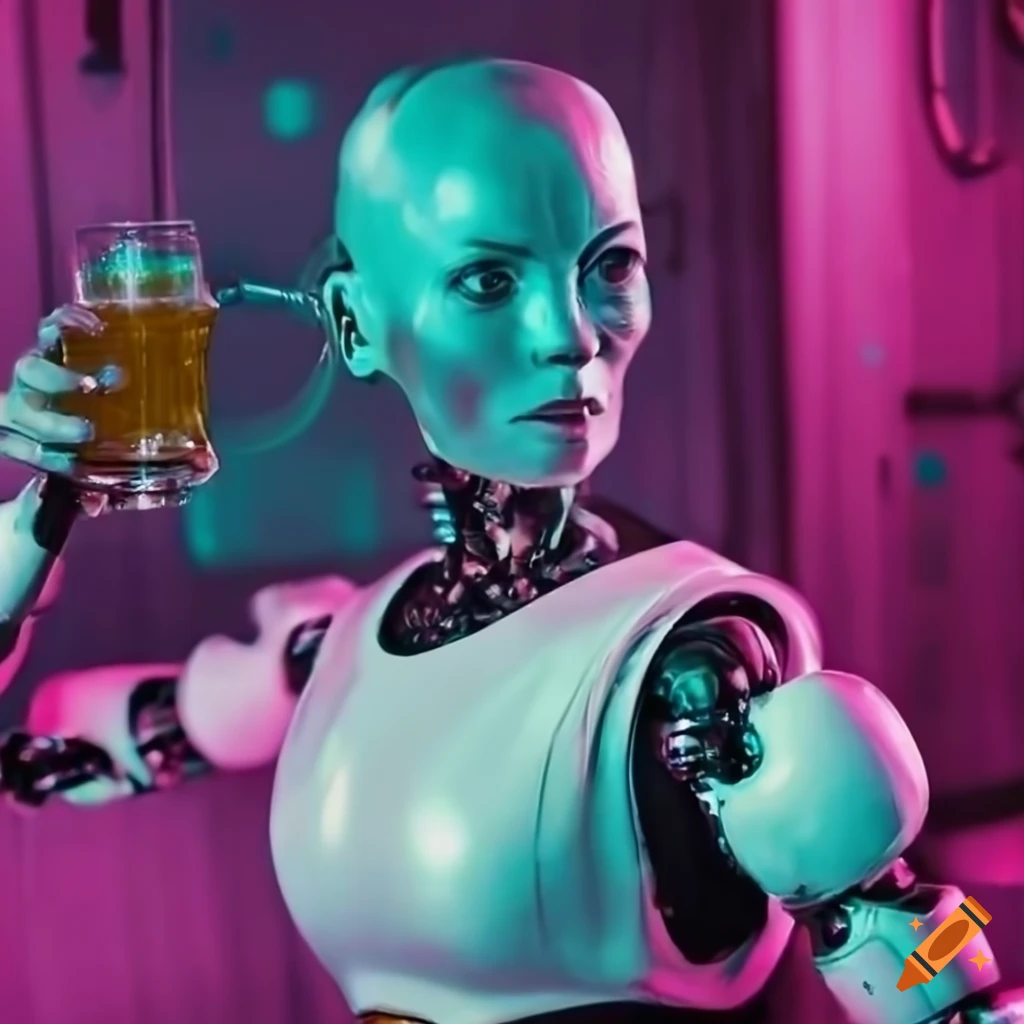 Cyberpunk robot drinking a beer in a brewery, teal, pink, white, hyper ...