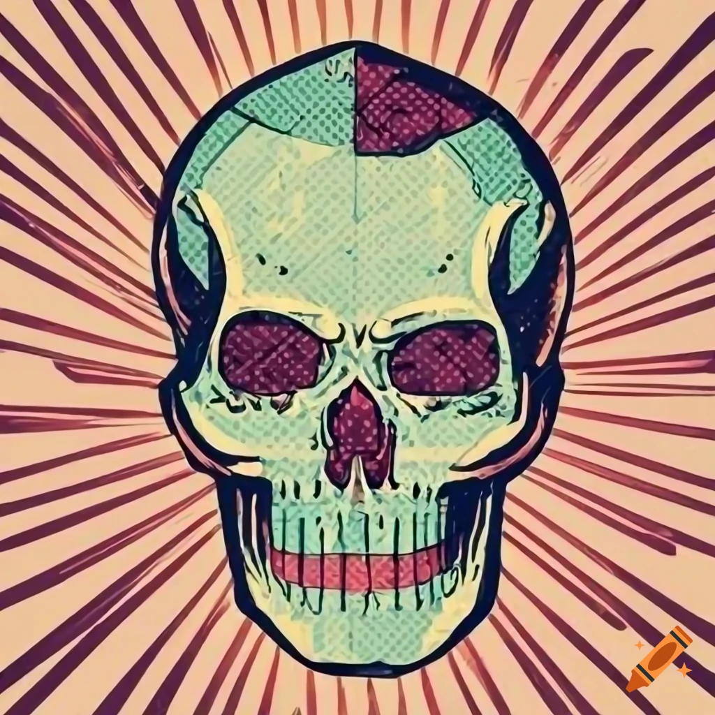 Graphic illustration of a stylized skull in retro 1990s comic book style