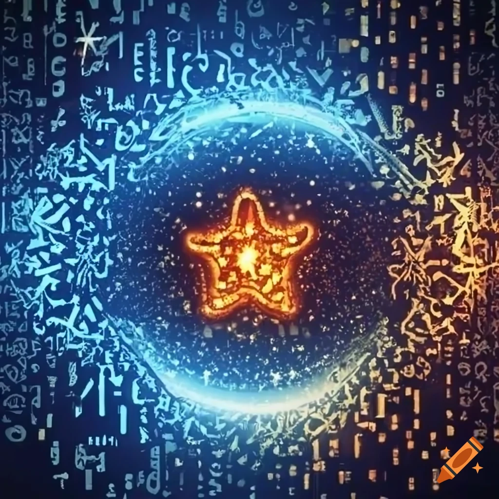 Digital code glowing, lots of numbers with star in the middle