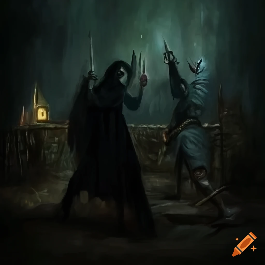 2 medieval ghosts fight with swords. its a dark night by the river side ...
