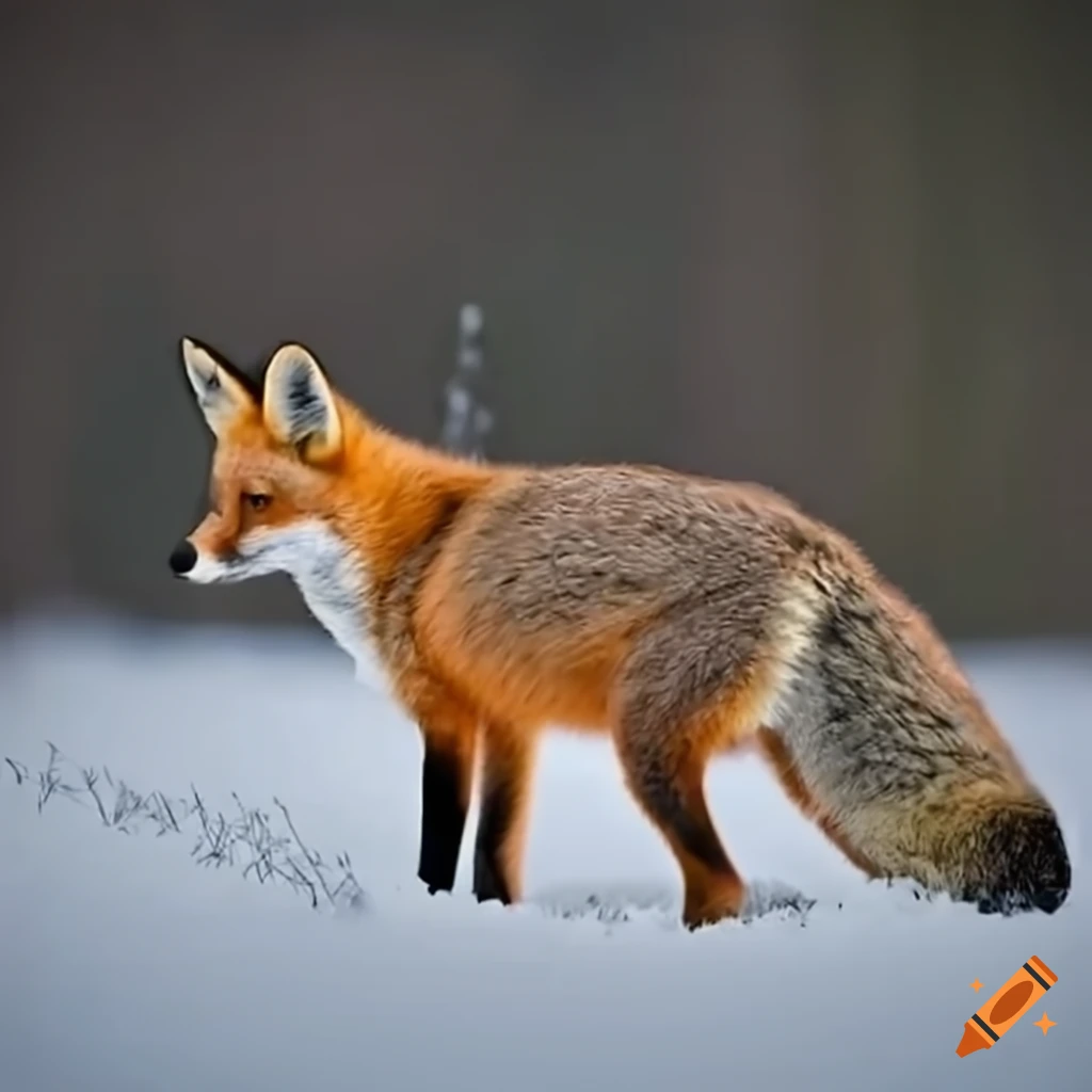 Red fox in bright white snow with barbed wire fence on Craiyon