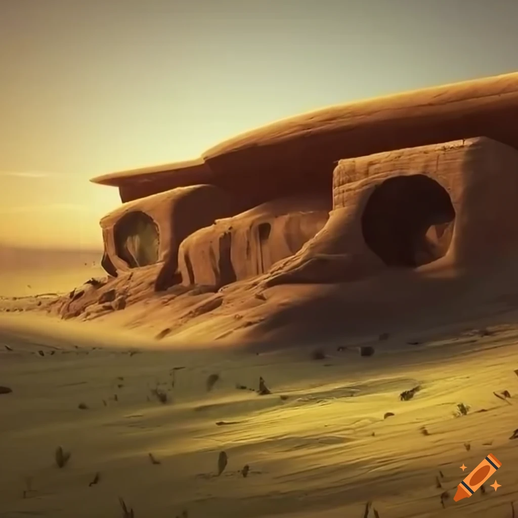 A post apocalyptic living room built into a sandstone cliff in a grassy ...