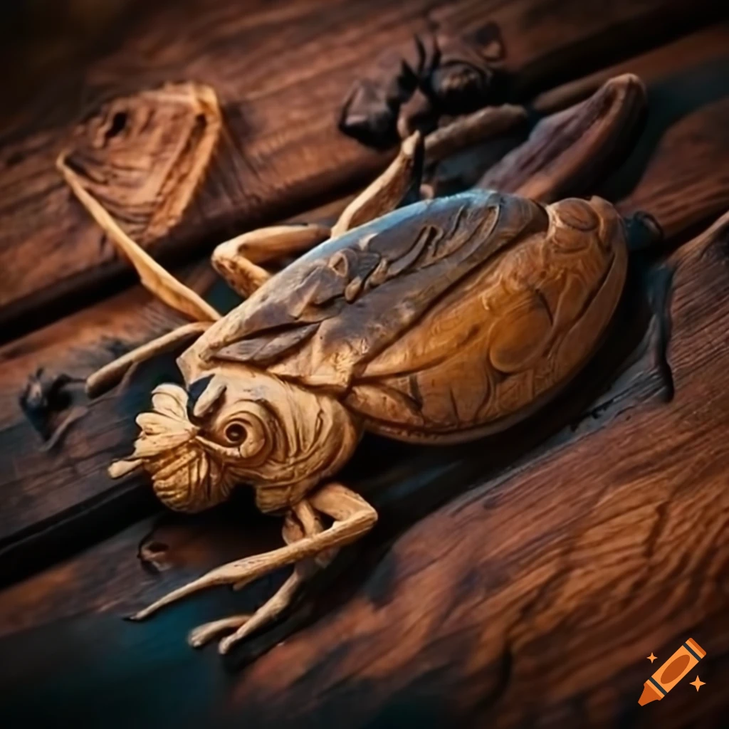 Detailed carving of insects on a pirate ship's deck on Craiyon