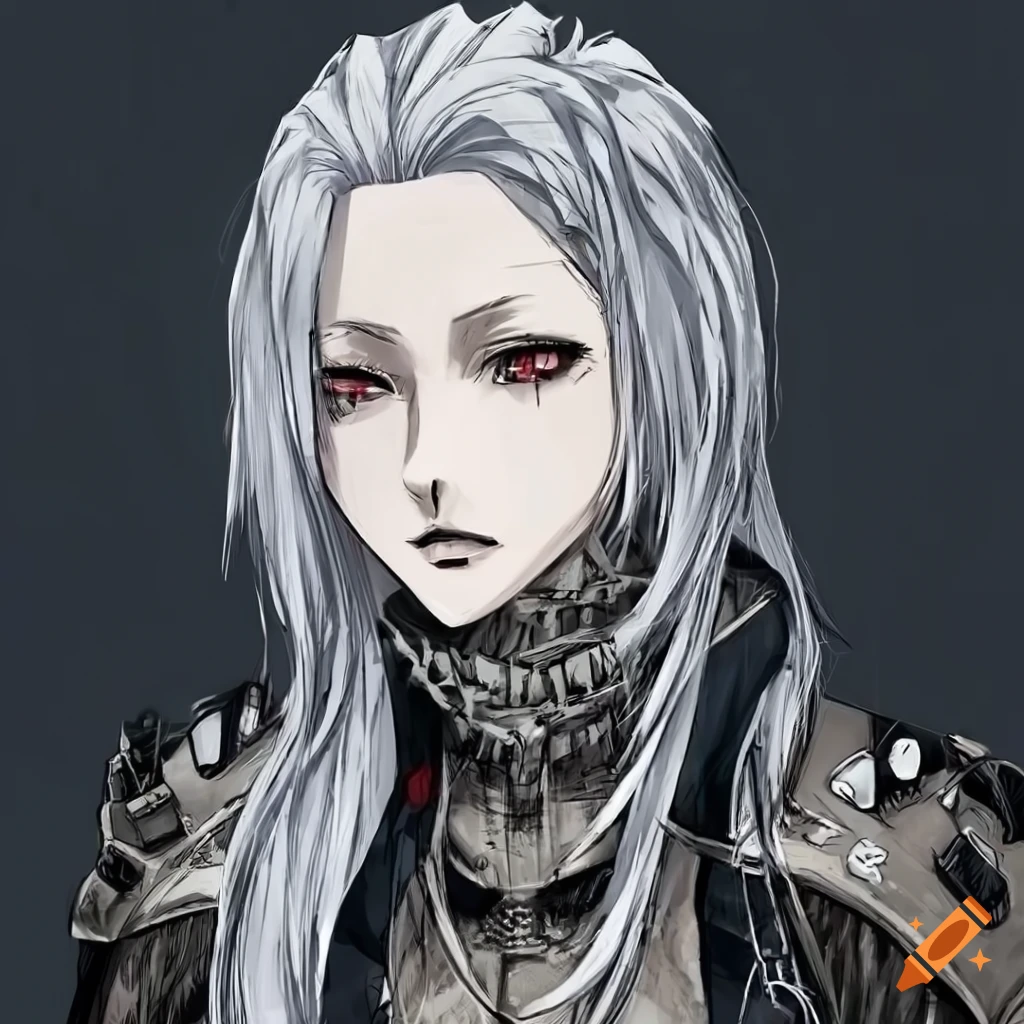 Mysterious post-apocalyptic character with flowing hair in a desolate ...