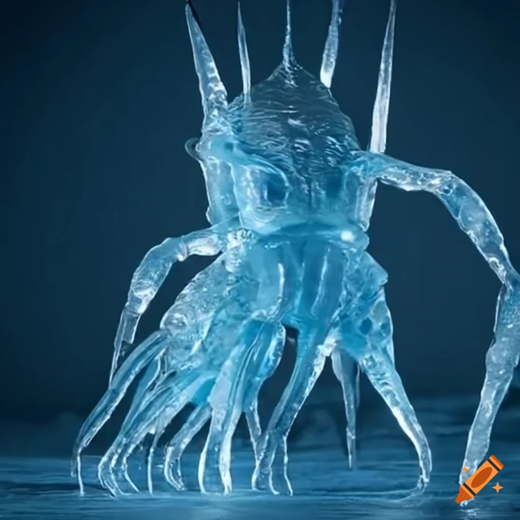 A thin, lean ice insectoid monster made of thin transparent icicles