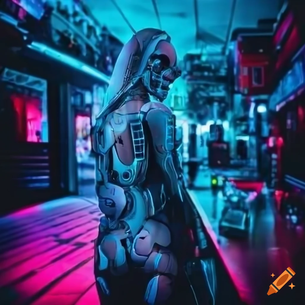 Artistic photograph of a futuristic cyborg at a neon-lit bar on Craiyon