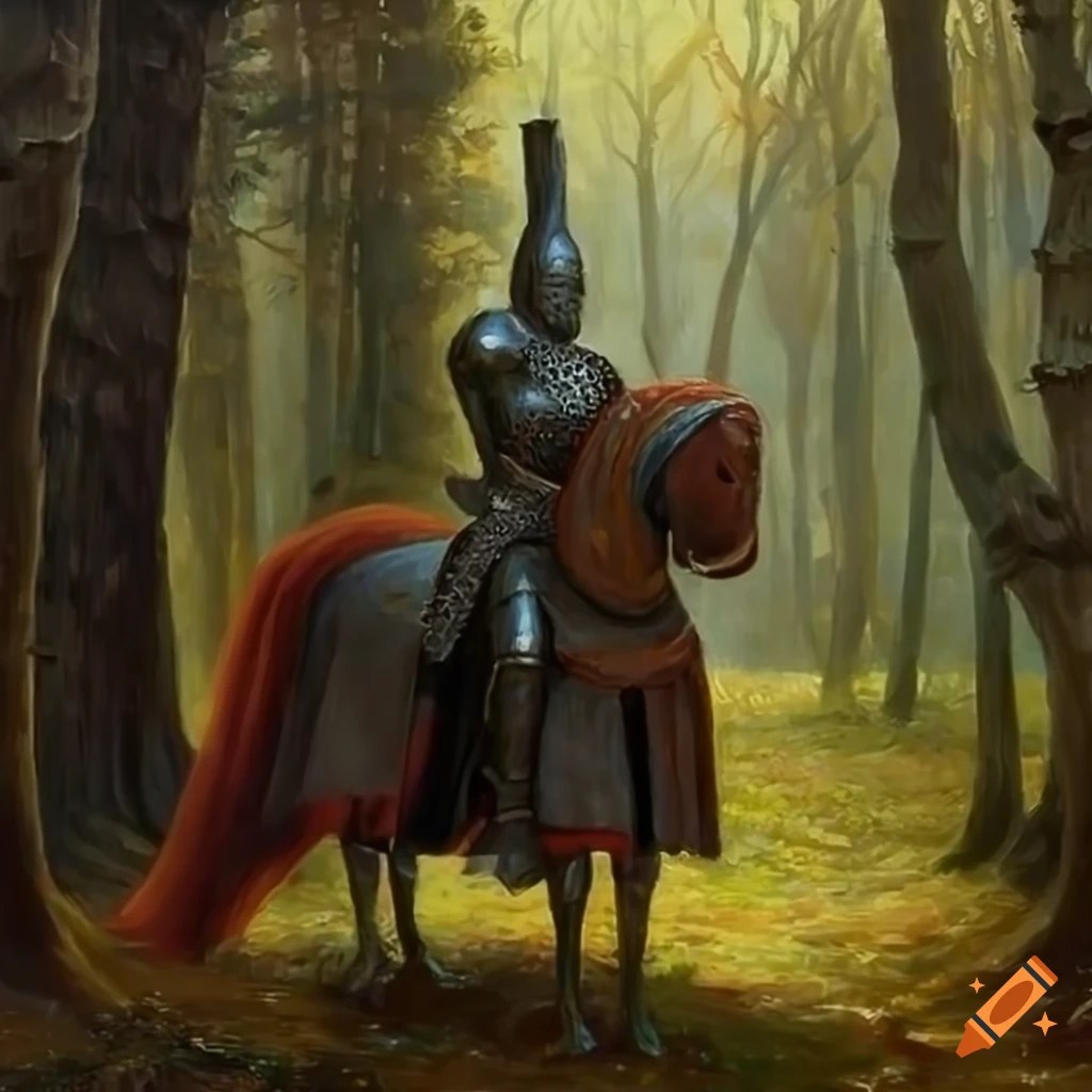 A knight's journey through the woods oil painting medieval on Craiyon