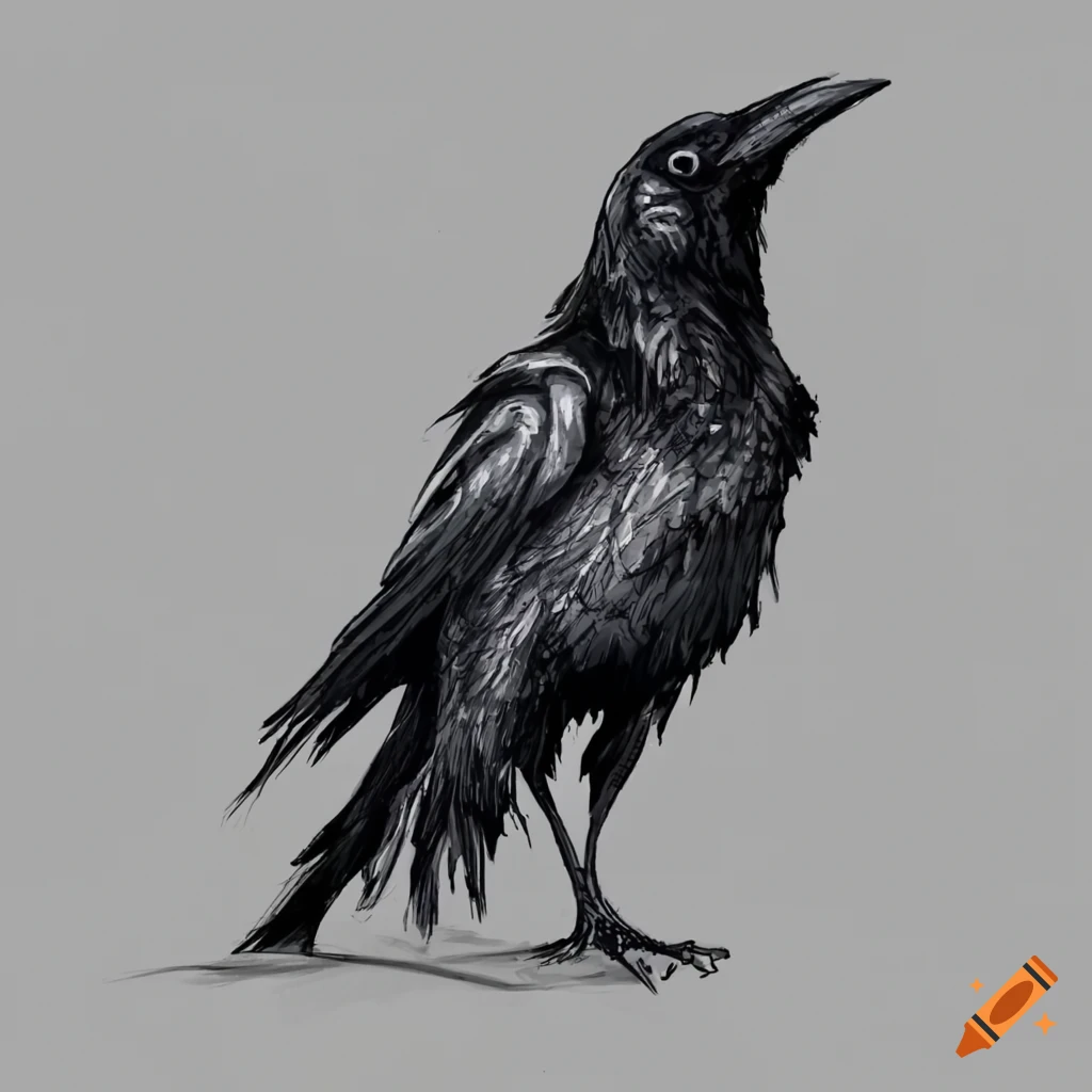 A twisting crow , rounded, black and white inked style, blanchitsu ...
