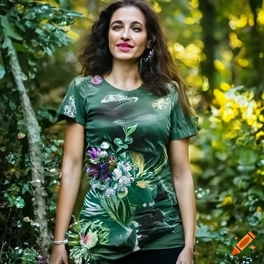 Italian woman poses as a happy and sensual model, with a jungle t-shirt ...