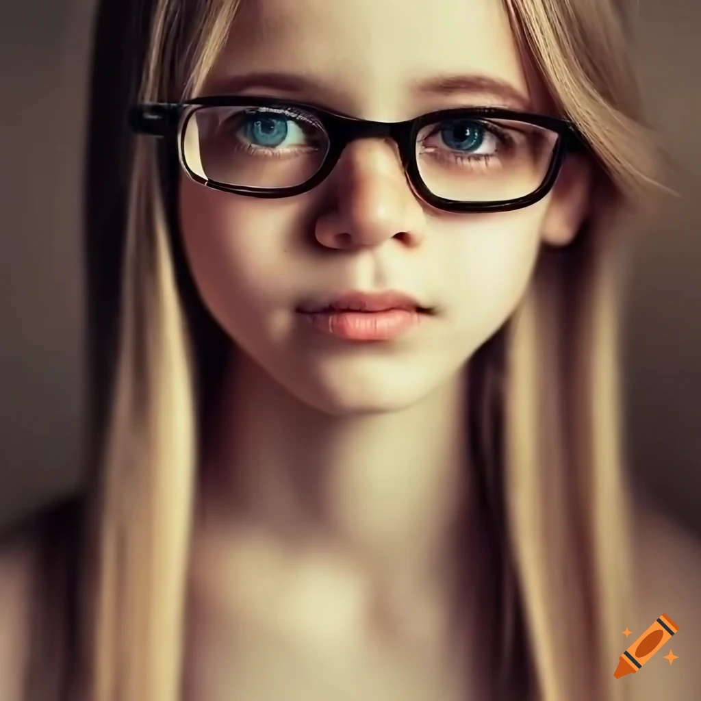 A nearsighted girl with small body, fair skin, very long straight blonde hair, and small slanted ...