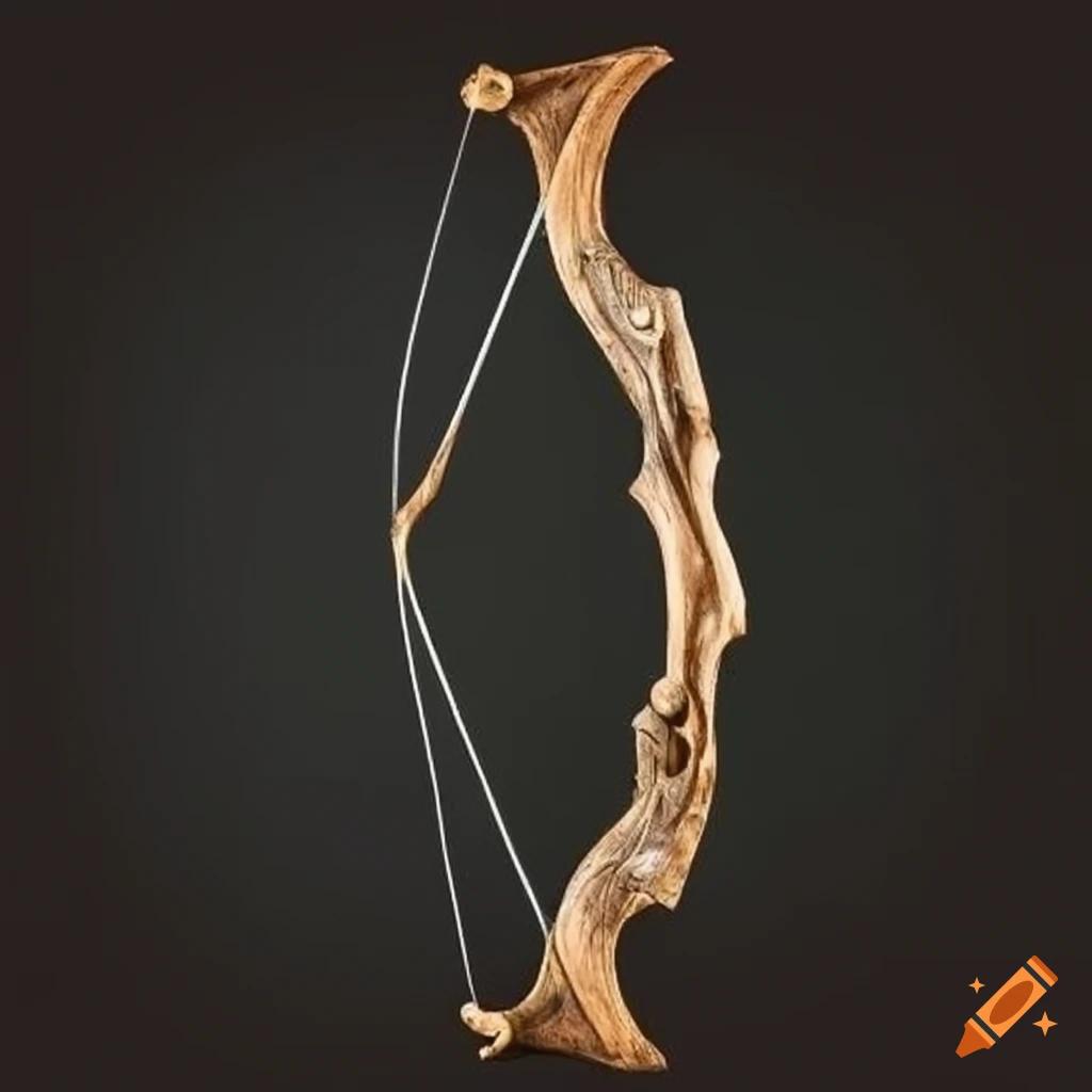 A weathered longbow with intricate carvings on Craiyon