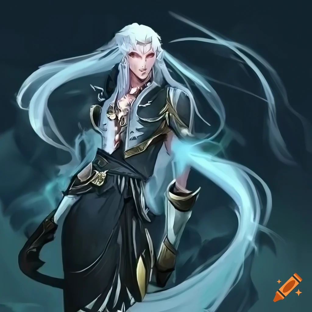 Male yuan-ti, long white hair, pretty, strong, snake scales