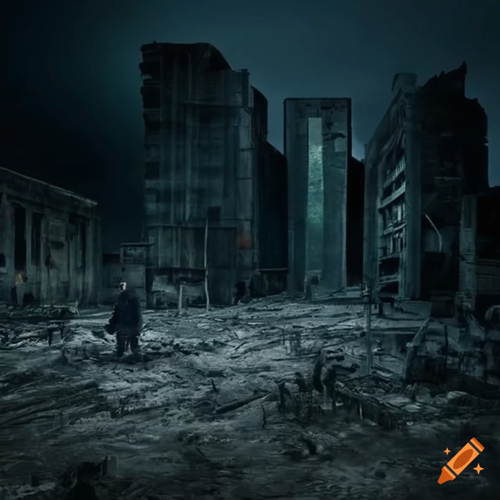 A desolate post-apocalyptic scene with remnants of futuristic human ...