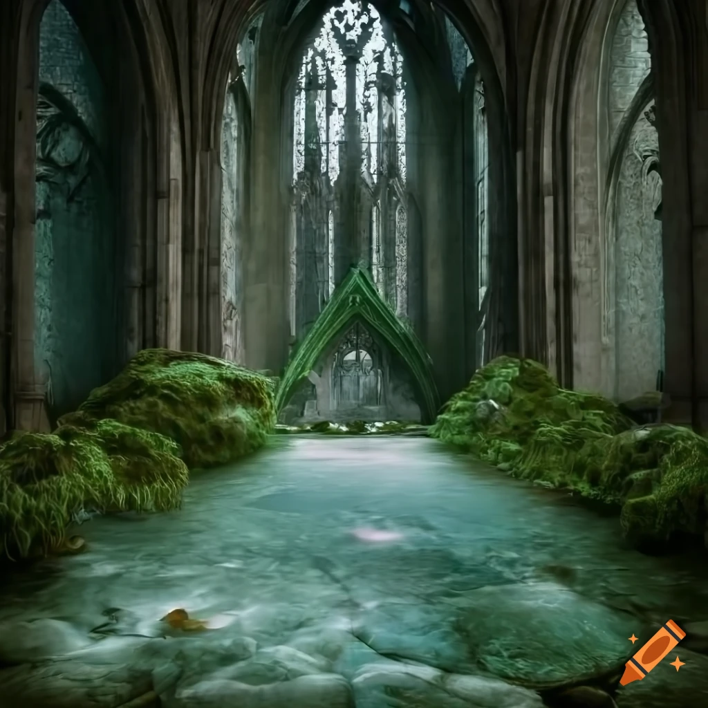 A mystic cathedral made of stone overgrown with moss with flowing water ...