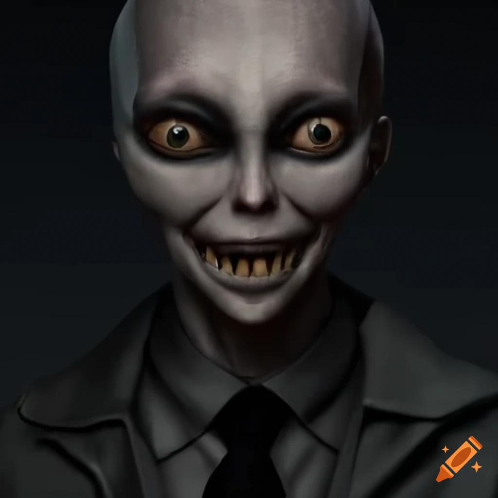 Alien grinning showing teeth, large eyes, detective outfit, noir style ...