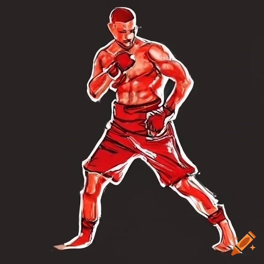 Mma fighter, full body in attacking stance, black colour, red abstract ...