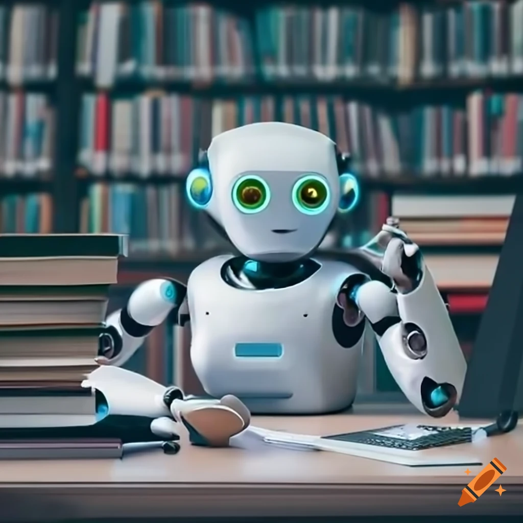 Robot studying in a library office, surrounded by books and technology on Craiyon