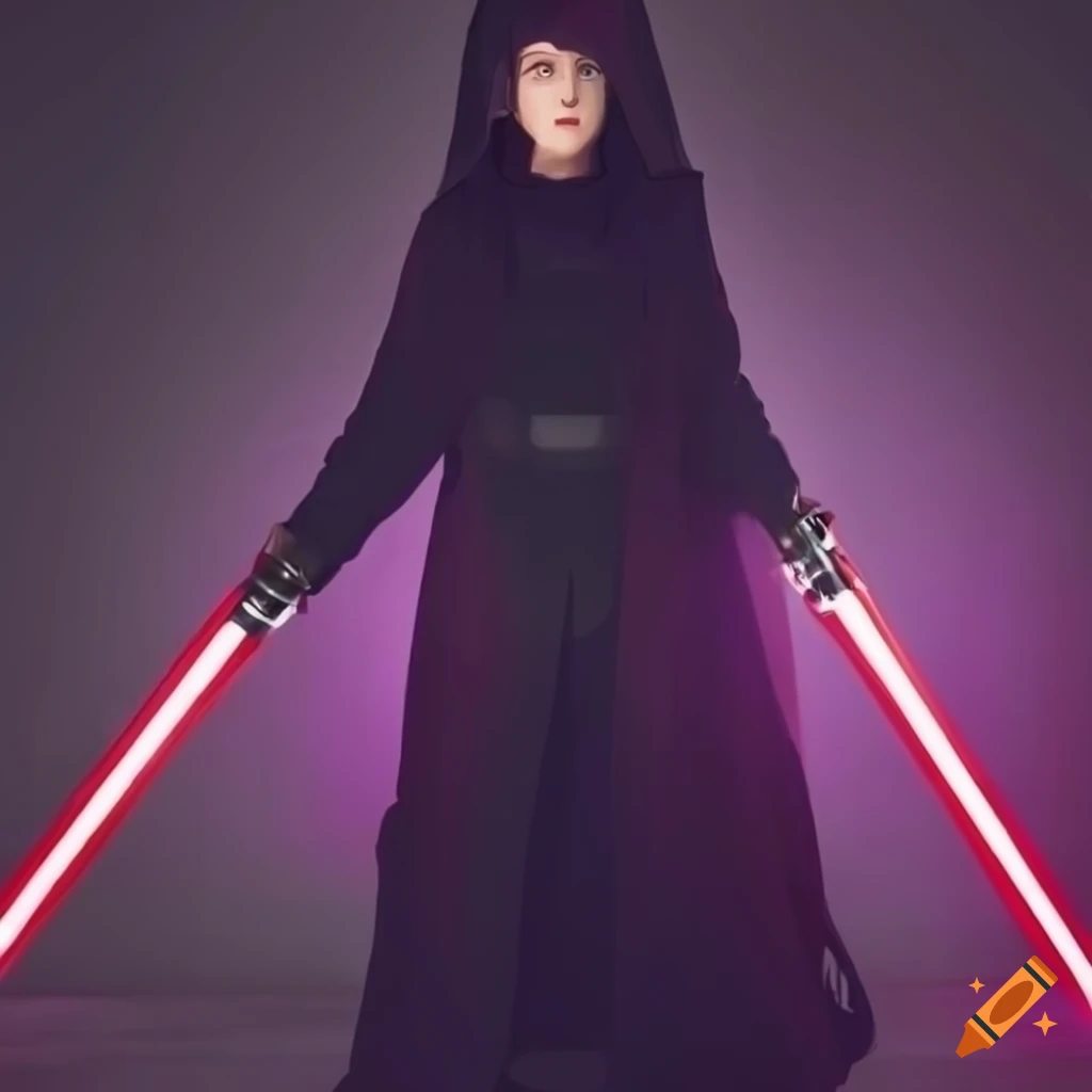Attractive Purple Hair Sith Girl With Glowing Yellow Eyes Wearing A Black Cloak Holding A Red