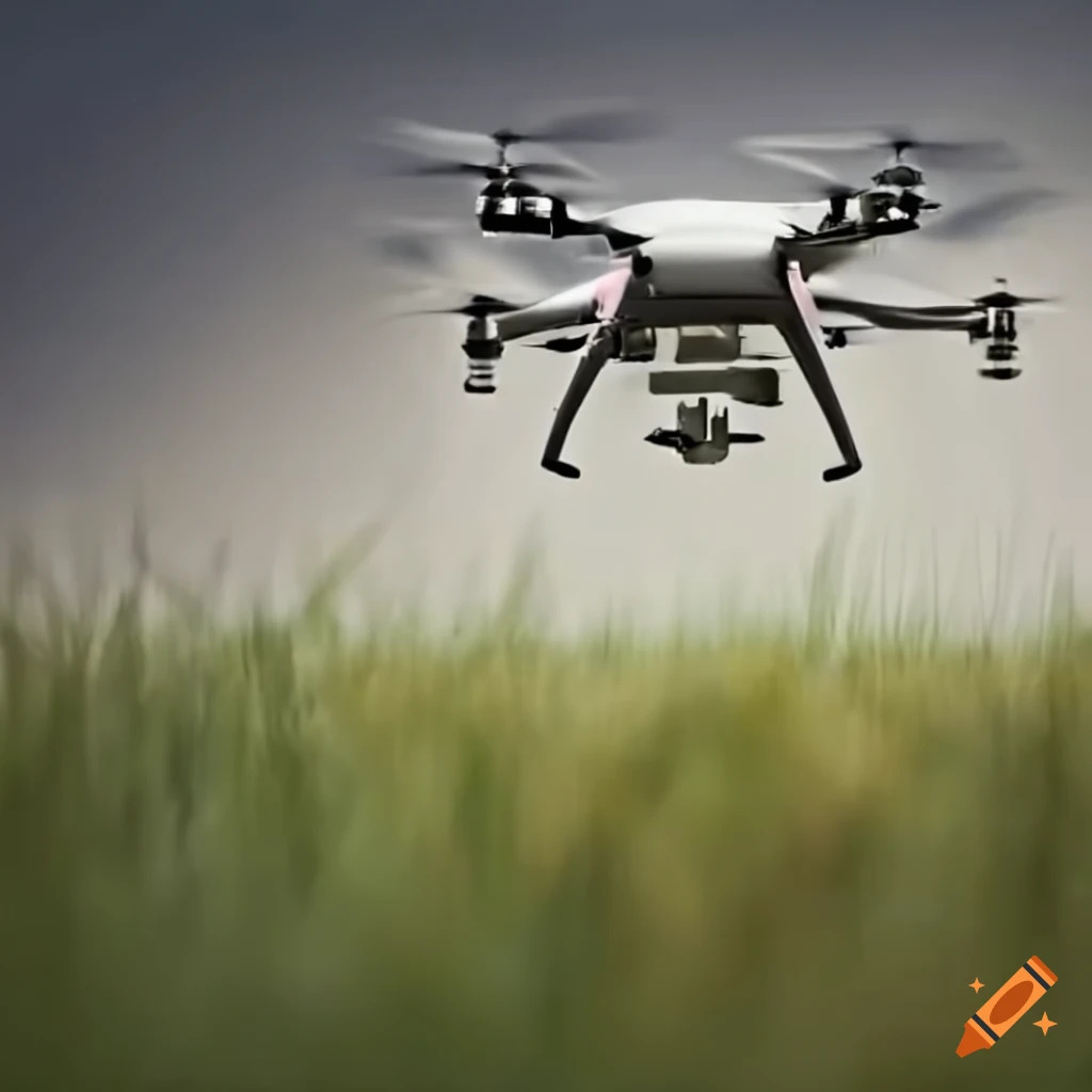 Drones and helicopters flying in a grass field