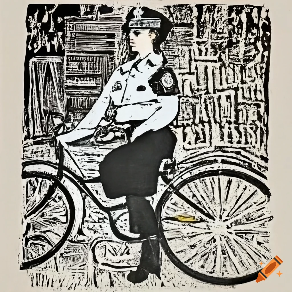 Police woman driving a bike printmaking on Craiyon