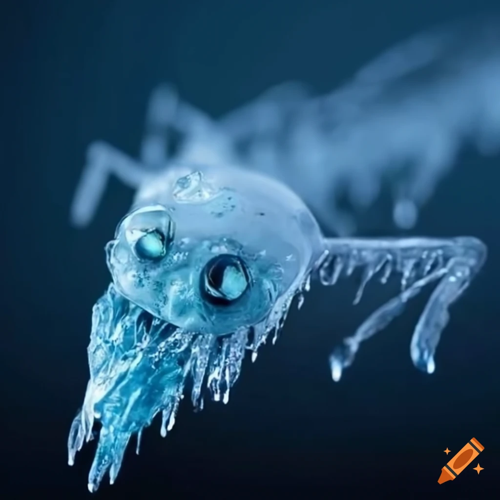 A thin, lean ice insect monster made of thin transparent icicles. It ...