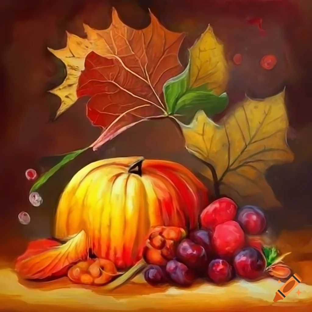 A vivid autumn harvest painting with ripe fruits and vibrant foliage