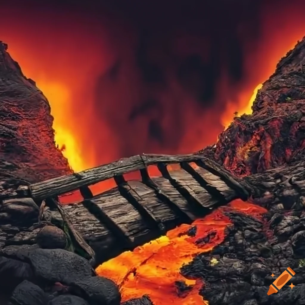 An old wooden bridge over a stream of lava on Craiyon