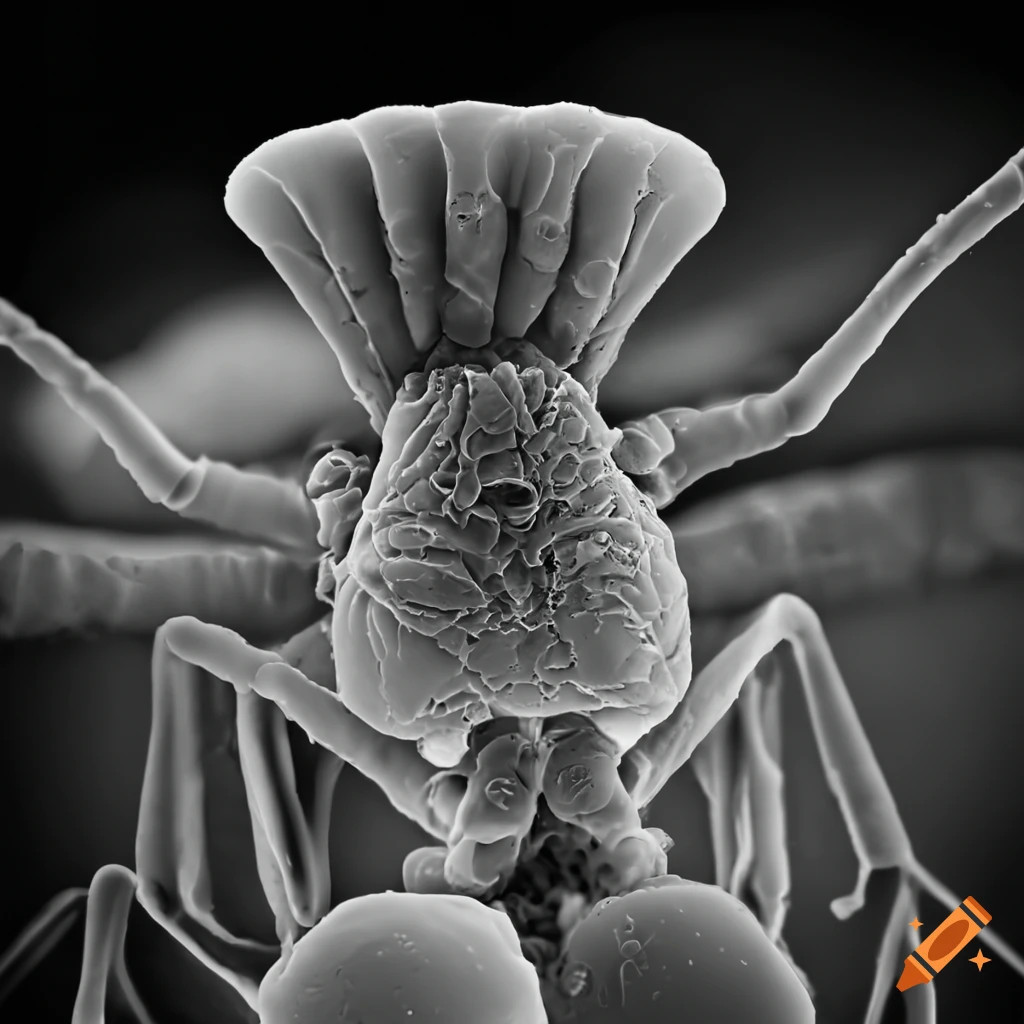 Ornamented ant electron microscope photo black and white greyscale ...