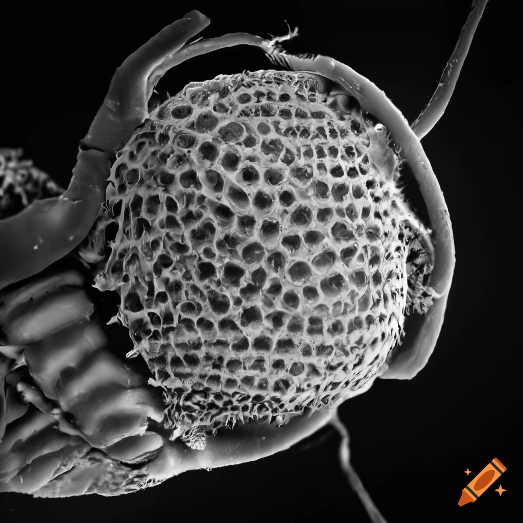 Ornamented housefly electron microscope photo black and white greyscale ...