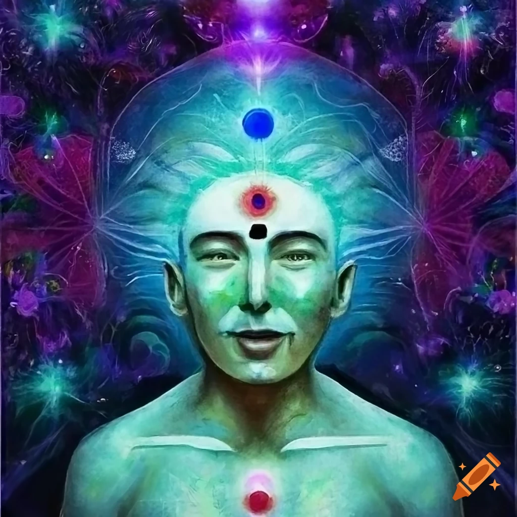 An intricate artistic representation of a reiki master, innocent face ...
