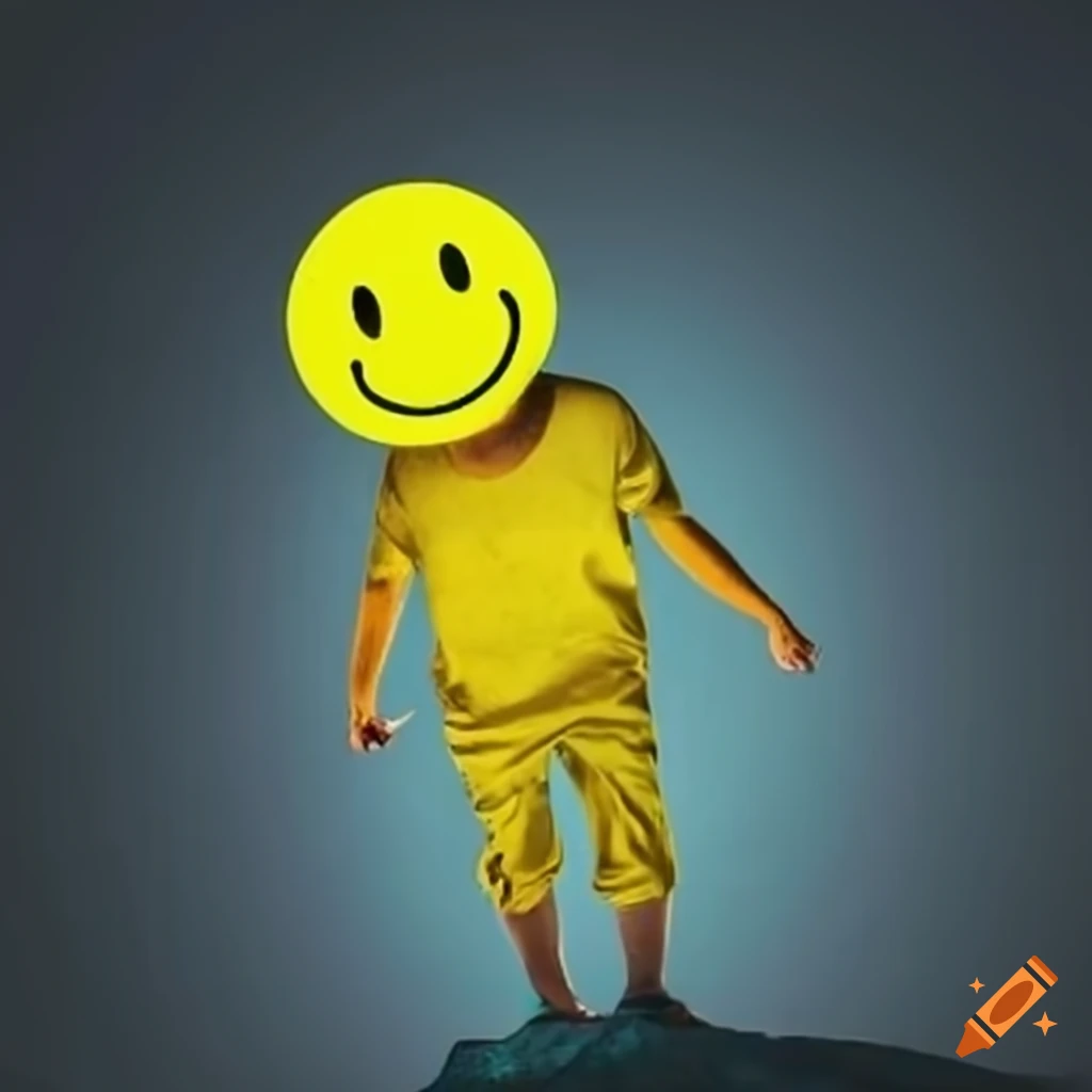 A man with a yellow smiley face staring down a cliff