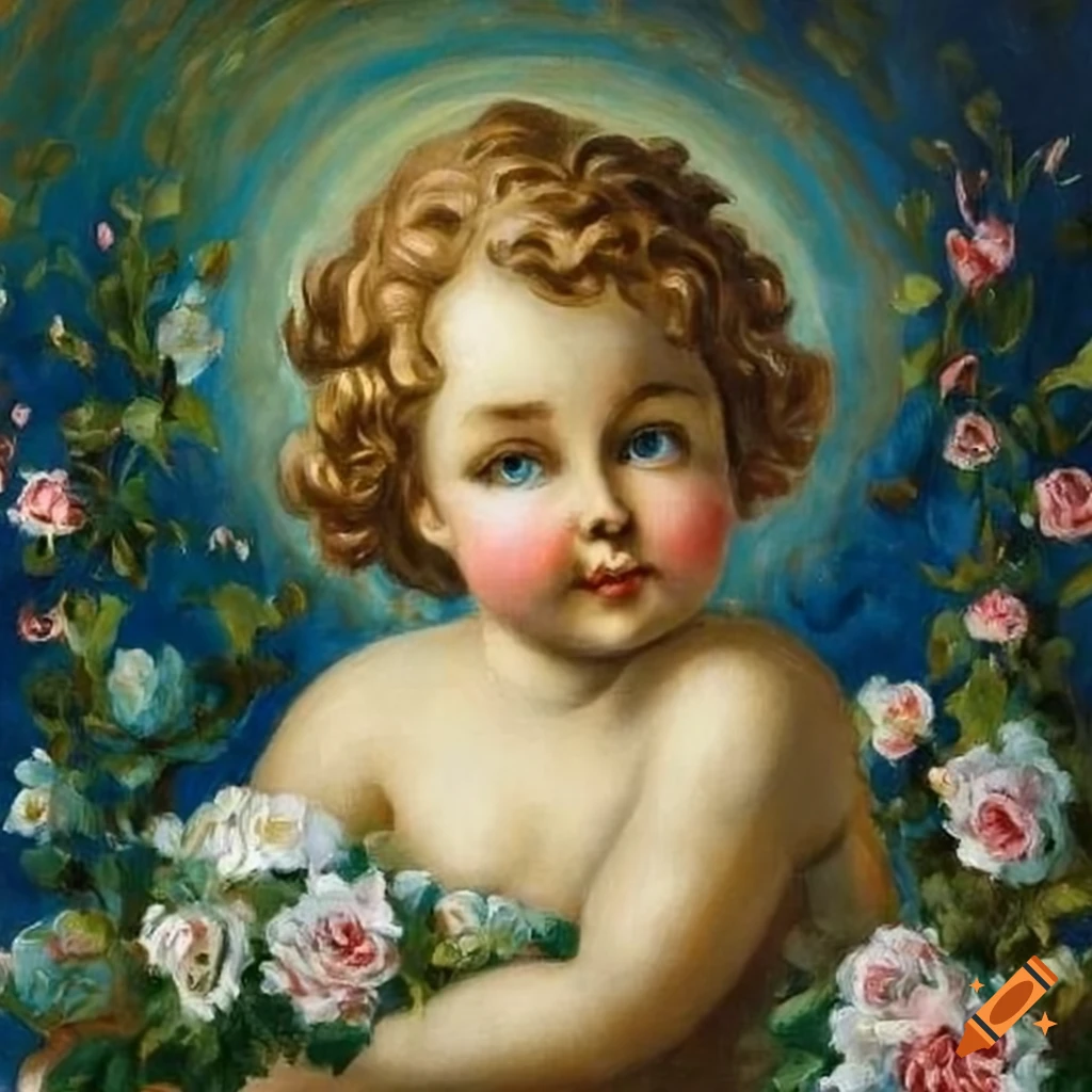 A serene cherub with wings among blooming roses, inspired by monet on ...