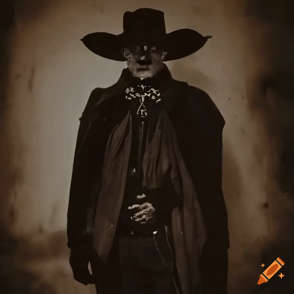 A mysterious cowboy in a gothic western setting, dark, hell, grunge on ...