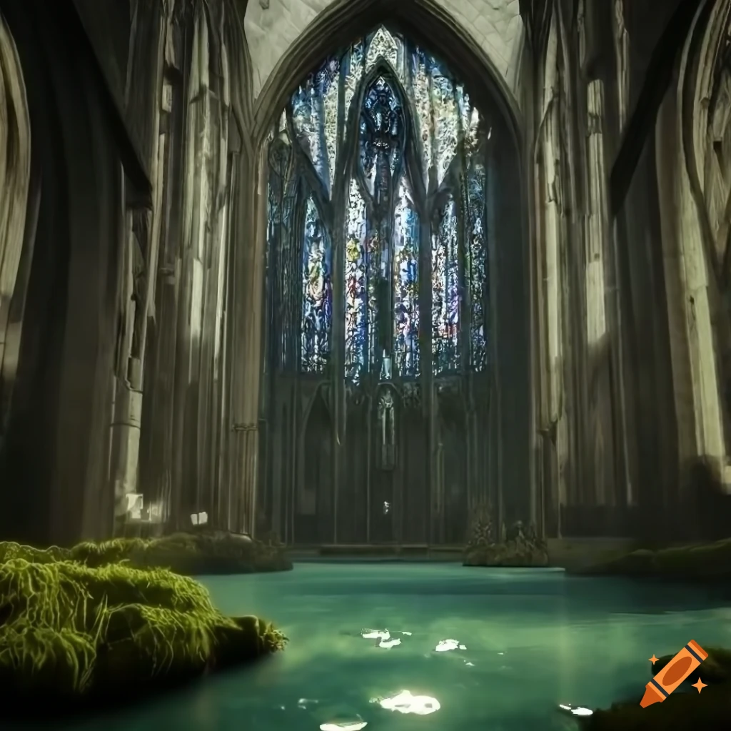 A mystic cathedral filled with crystals, pond, stone overgrown with ...
