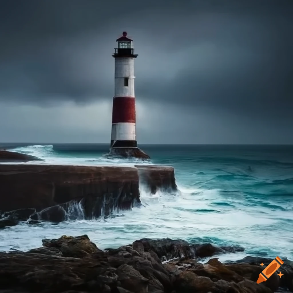 Lighthouse on a cliff with high stormy waves, in landscape