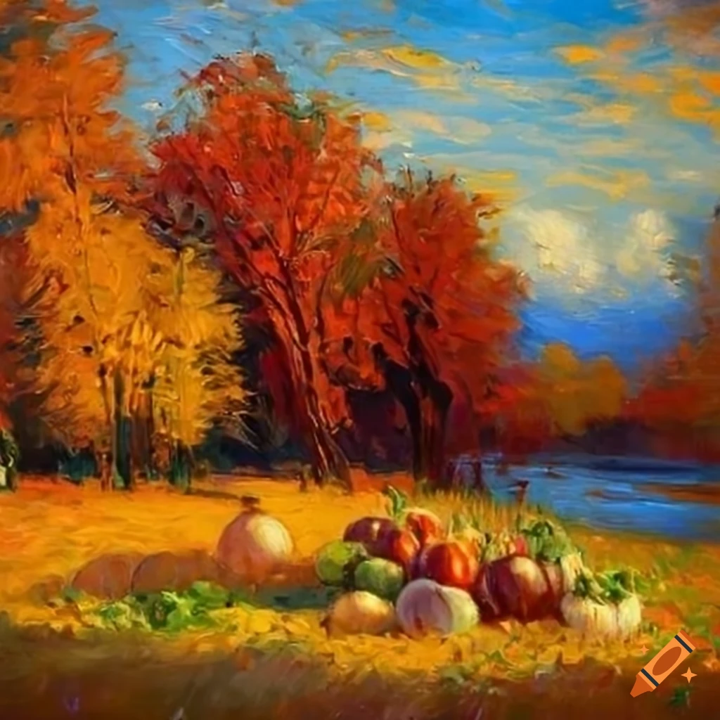 A stunning impressionist painting of a bountiful autumn harvest on Craiyon