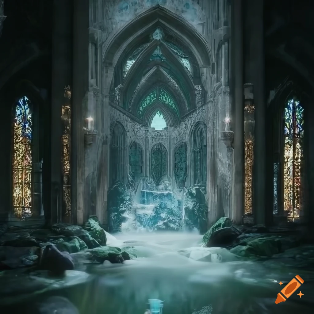 A mystic cathedral filled with crystals, pond, stone overgrown with ...