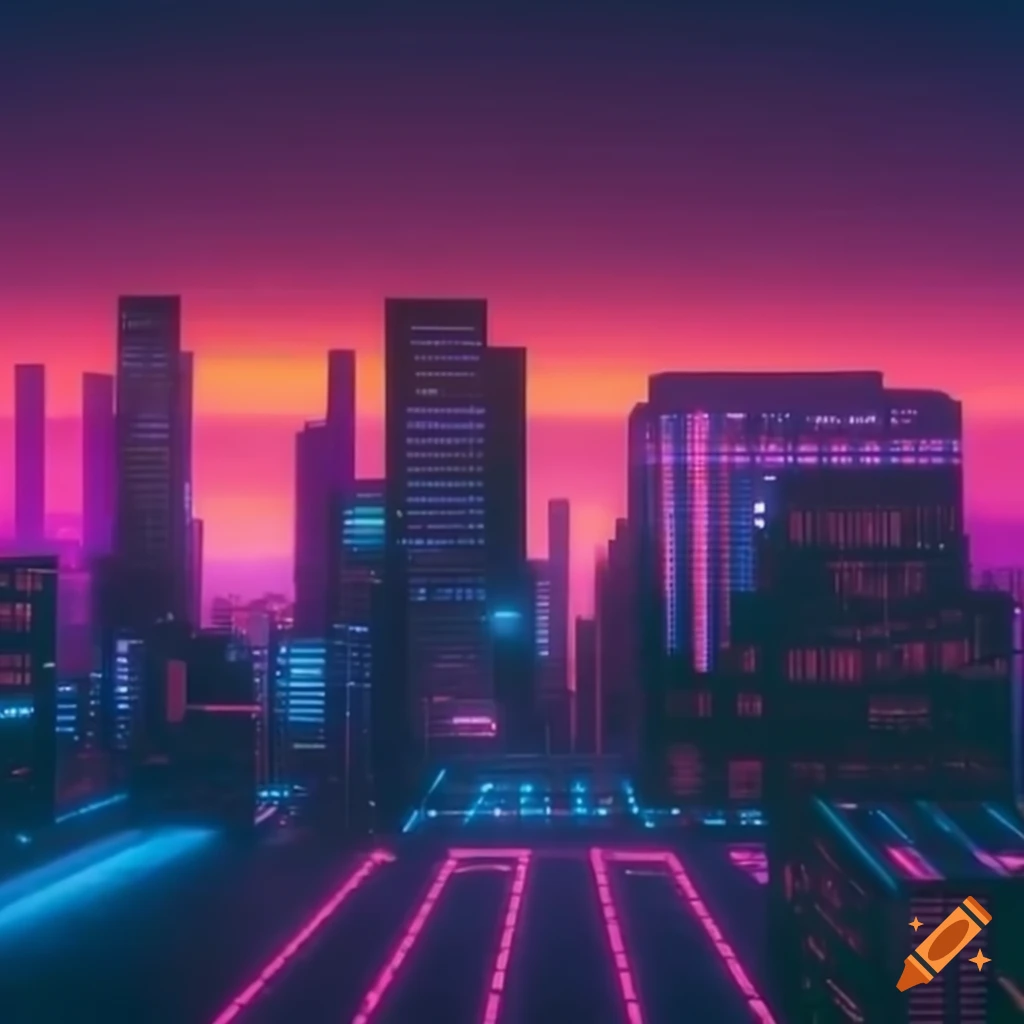 Vibrant sunset transforming city into synthwave wonderland