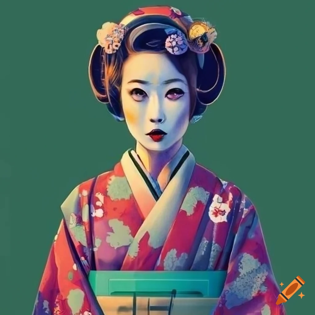Japanese woman robot in lush kimono in komon print pattern, inspired by ...
