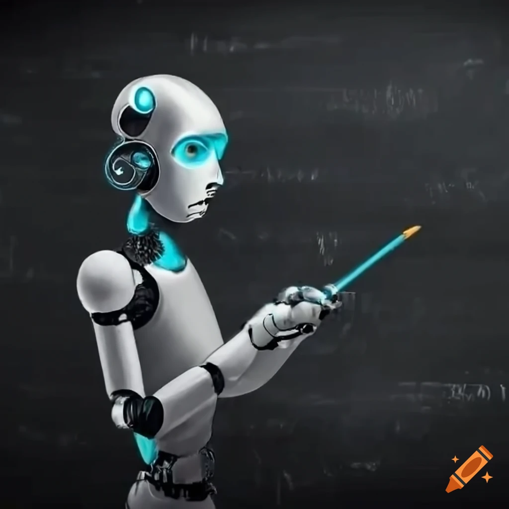 Artificial intelligence robot writing on chalkboard